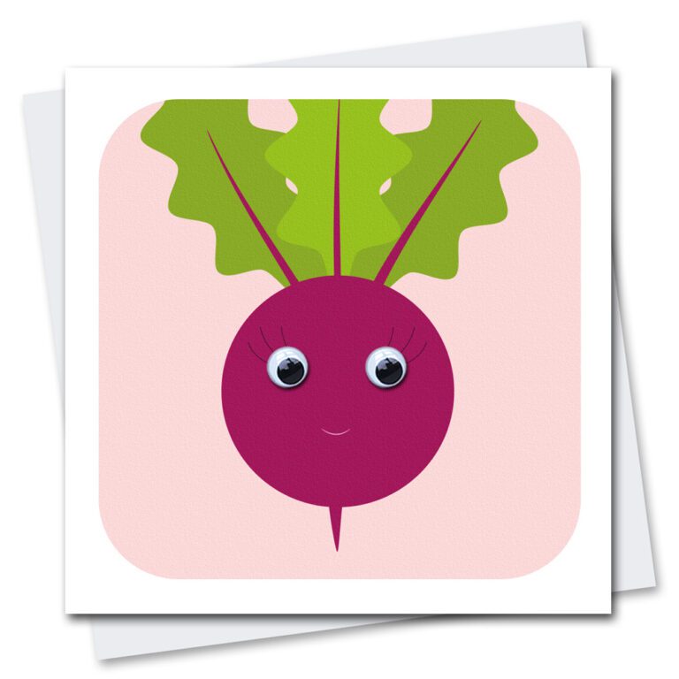 Children's Birthday Card- Betty Beetroot with googly eyes