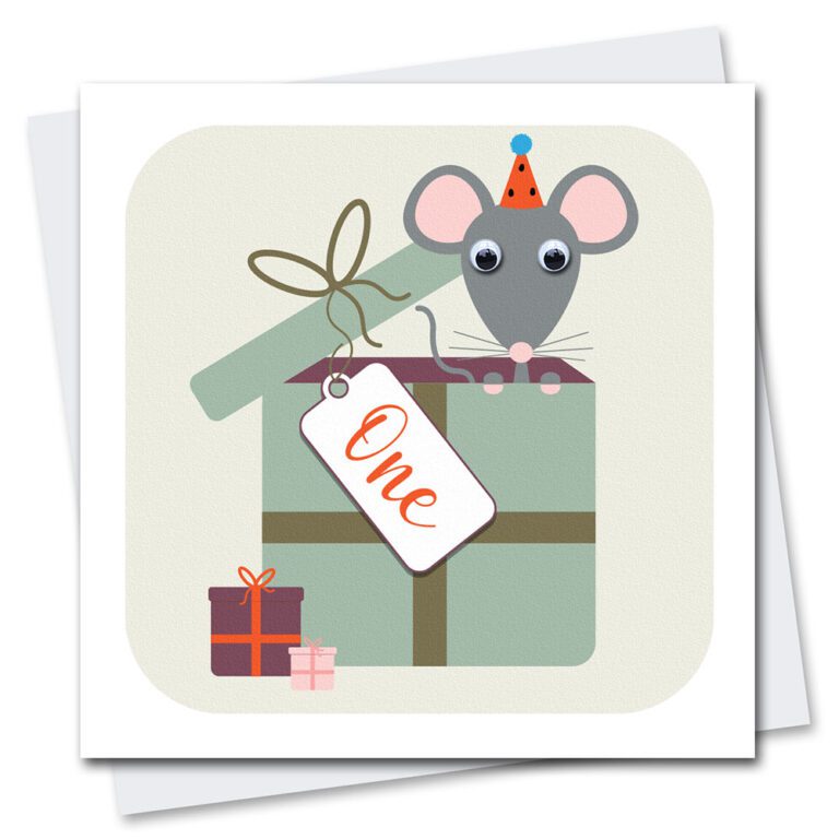Children's 1st Birthday Card - Minty Mouse with googly eyes