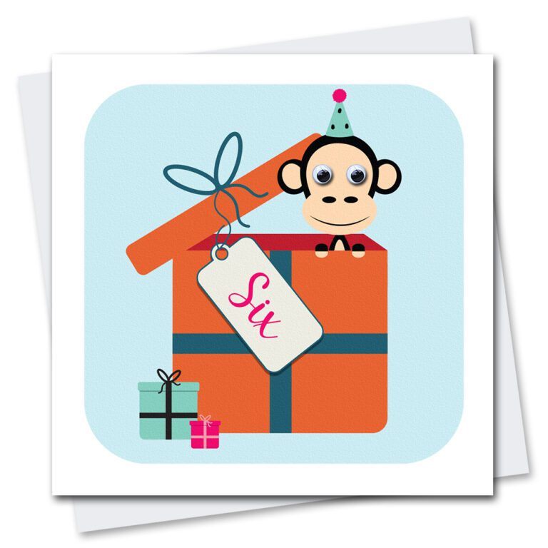 Children's 6th Birthday Card- Marley Monkey with googly eyes